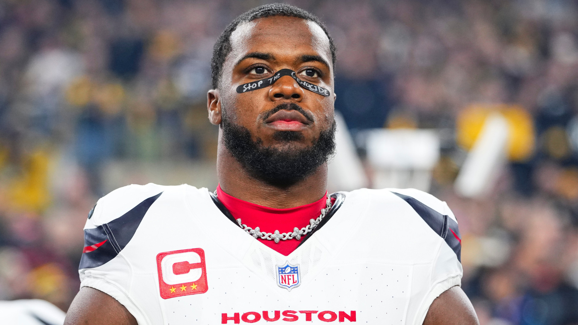 Texans LB Azeez Al-Shaair fined for 'Stop the genocide' eye black ...