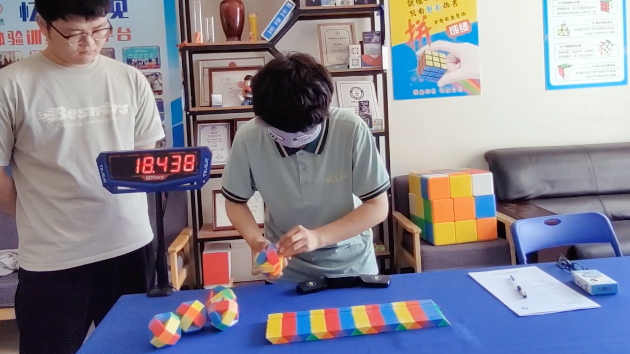 Fastest time to solve 10 rotating puzzle snakes into balls (blindfolded ...