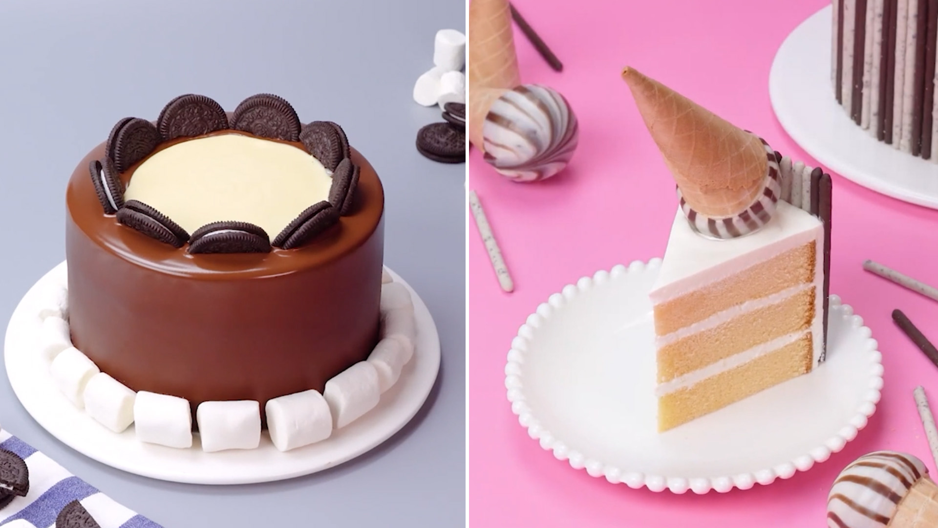 A chocolate Oreo cake and a vanilla layer slice