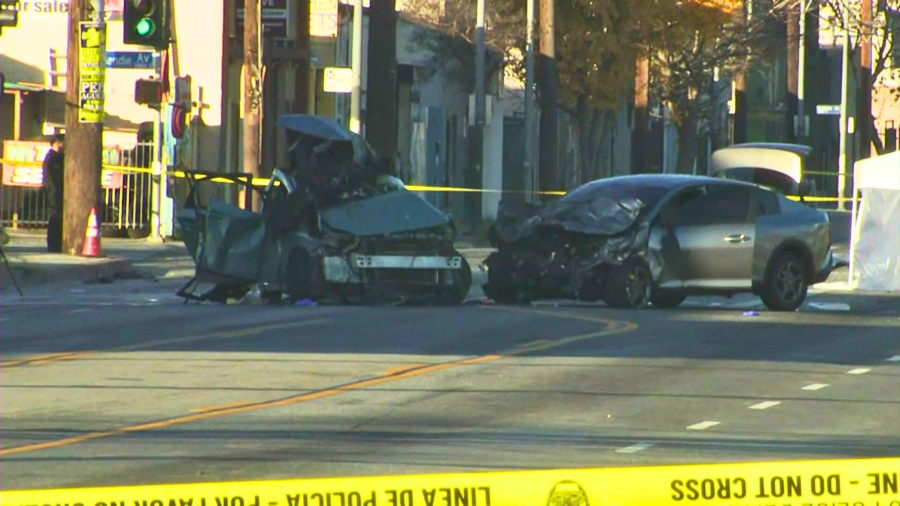 Fiery two-car crash in South Los Angeles leaves 1 dead, another critical