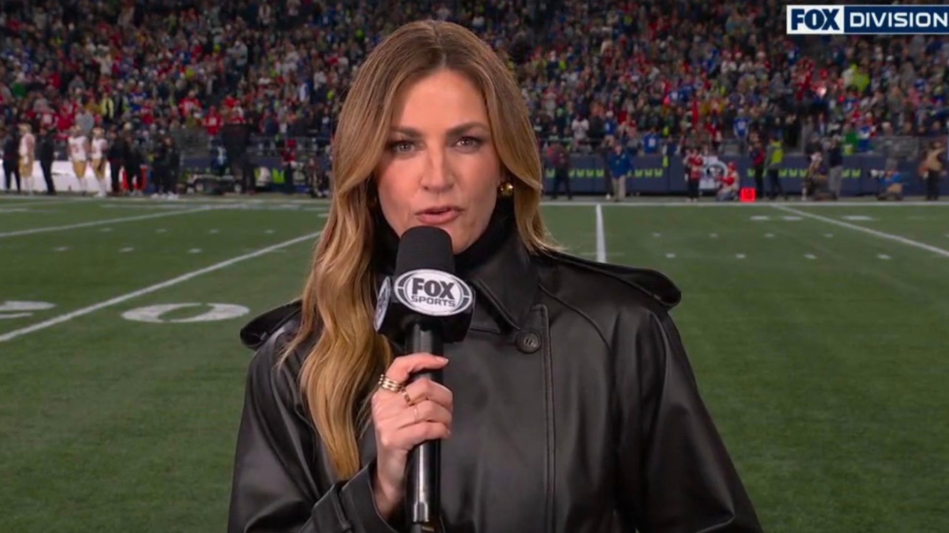Erin Andrews swaps viral faux fur coat for leather trench at Seahawks game