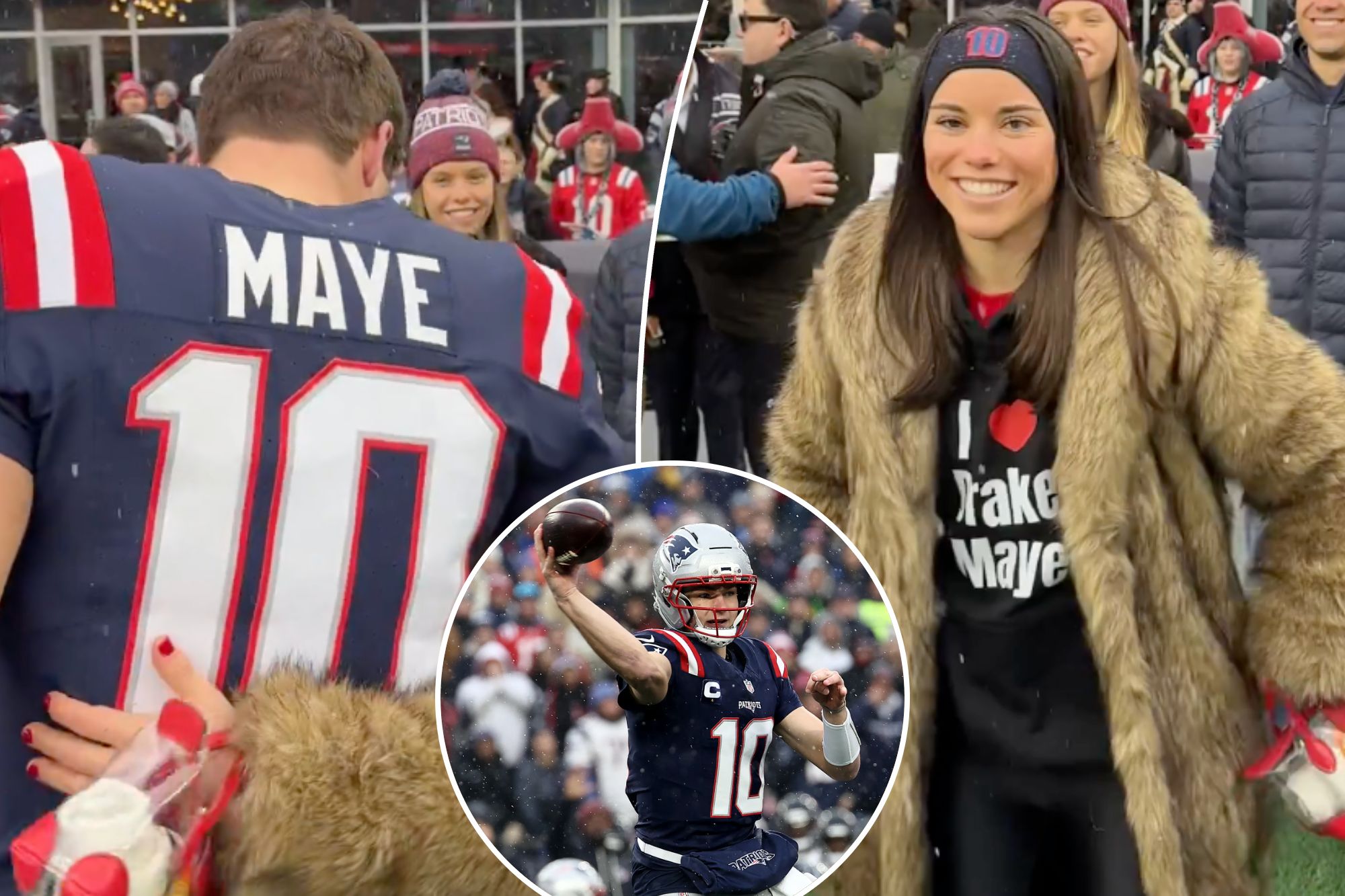 Drake Maye embraces wife in snowy scene before Patriots-Texans playoff ...