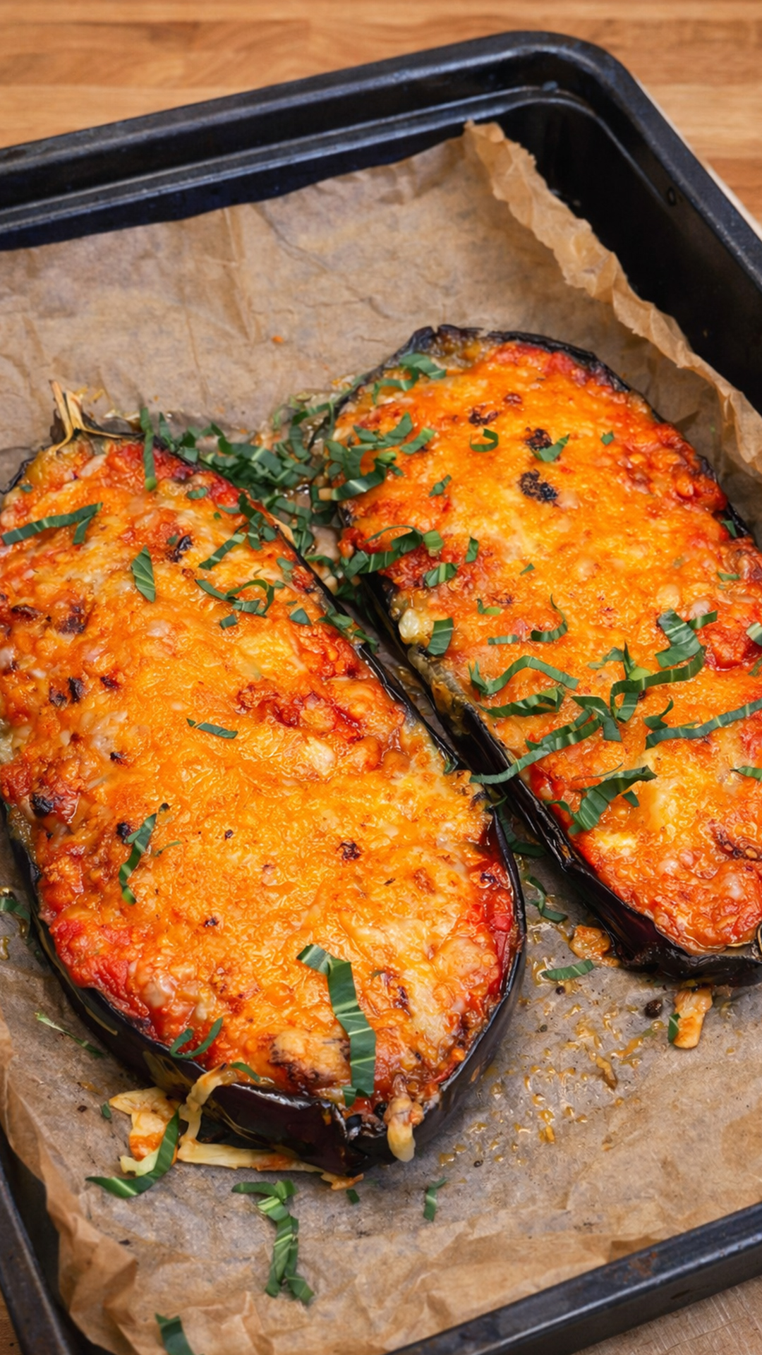 Making vegan stuffed eggplant with cherry tomatoes