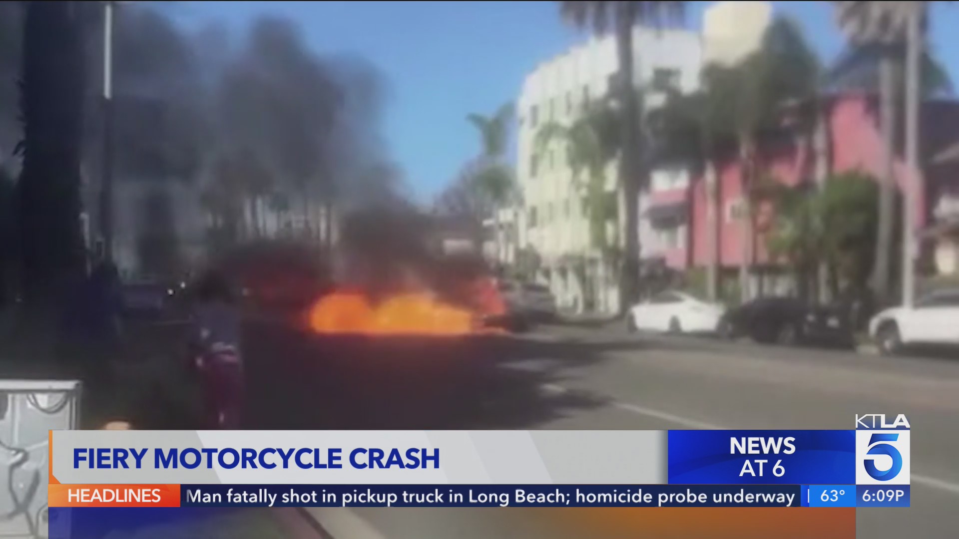 Couple hospitalized after fiery Long Beach motorcycle crash