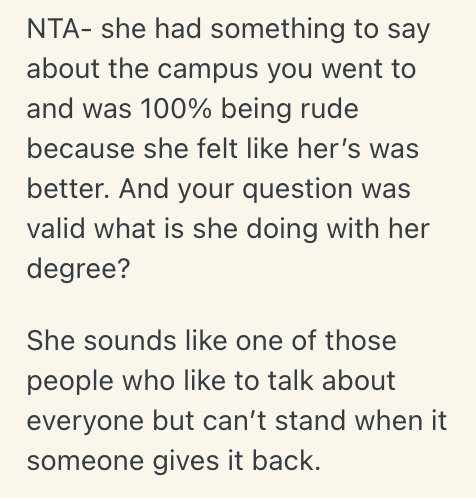 Woman got insulted about her college choice, so asked her sister-in-law ...