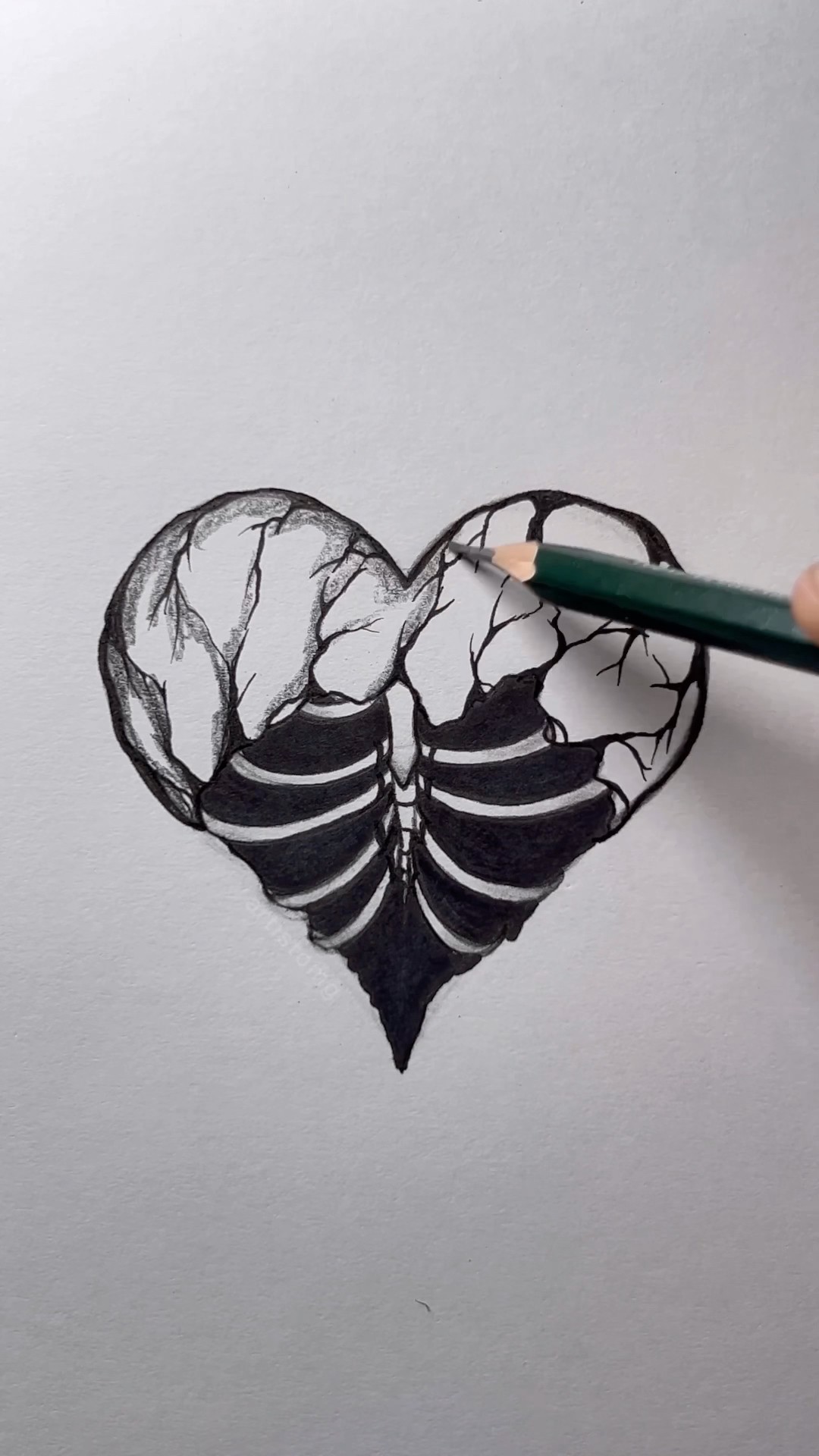 How to draw a broken heart with bones inside