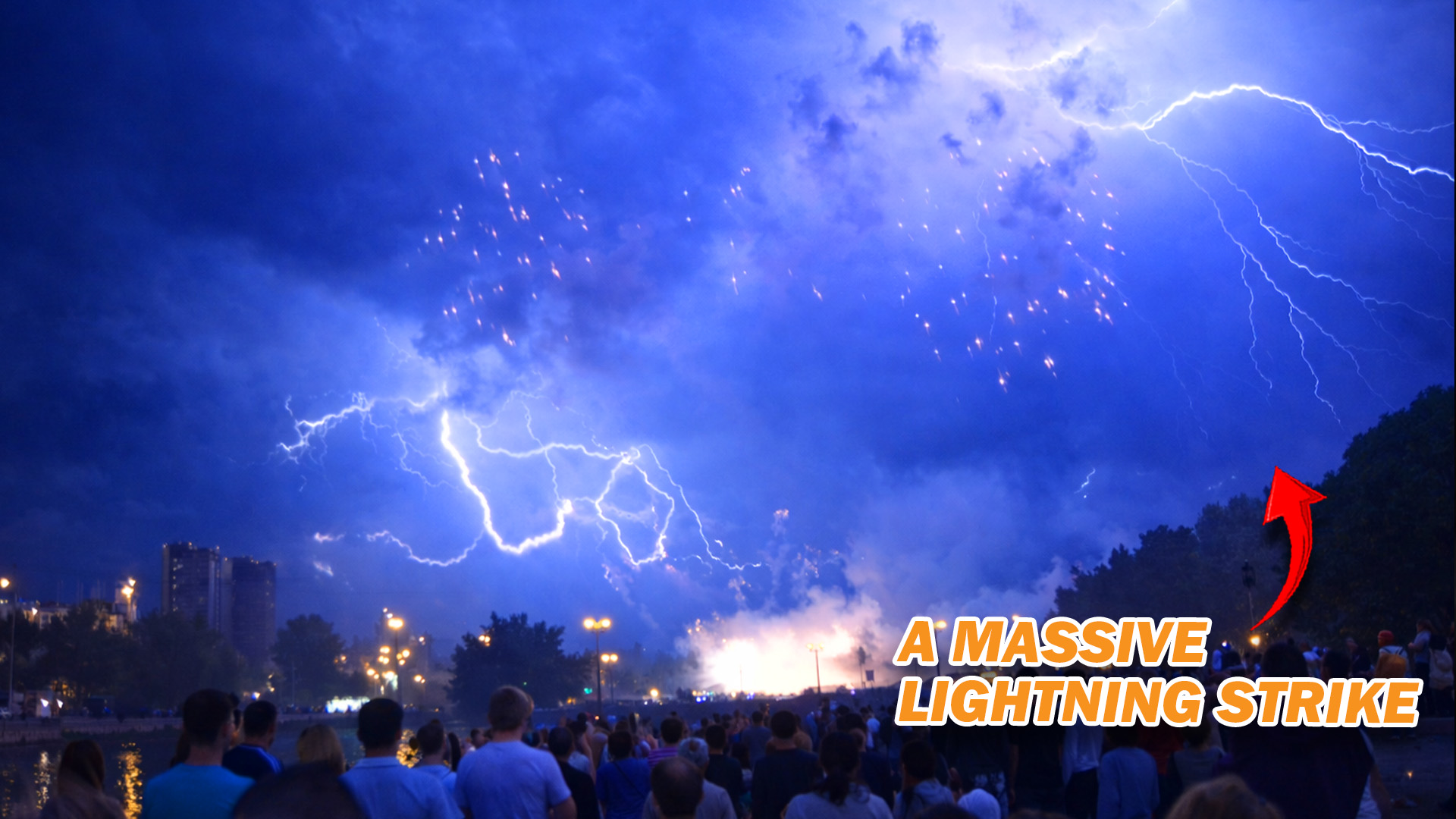 Lightning strikes during a fireworks show