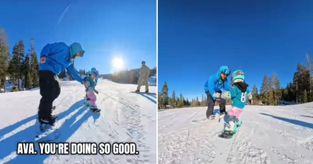 Little girl says sweet things to dad while snowboarding in cute video