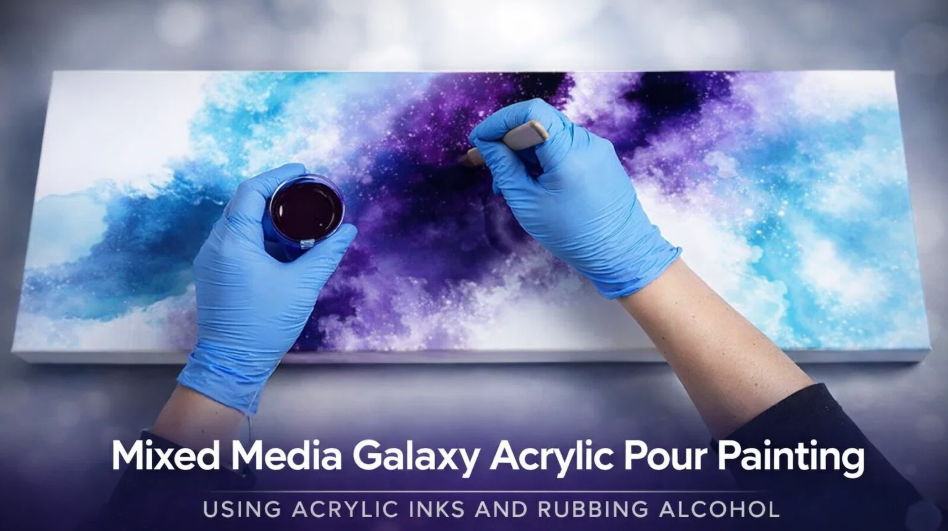 Mixed media galaxy acrylic pour painting using acrylic inks and rubbing ...