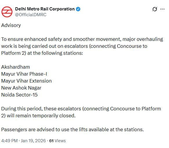 Metro advisory escalator maintenance at key stations, passengers use lifts