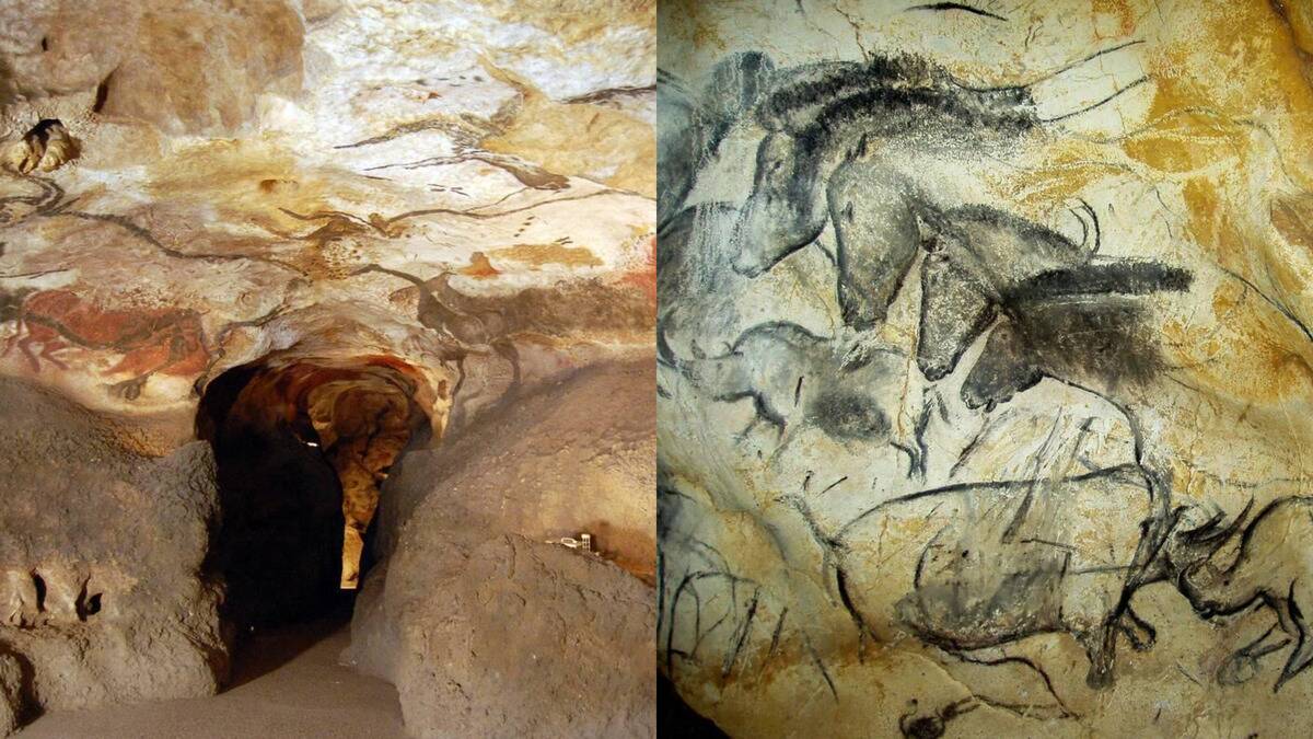 Cave paintings that depict early human rituals and hunts