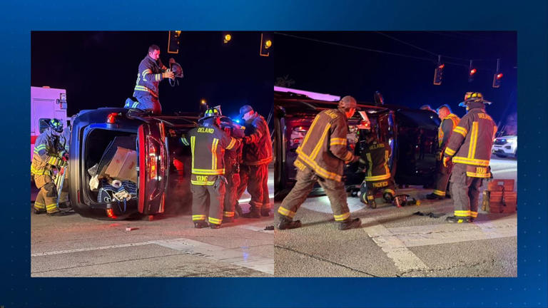 Fire crews successfully extract two from flipped vehicle in DeLand