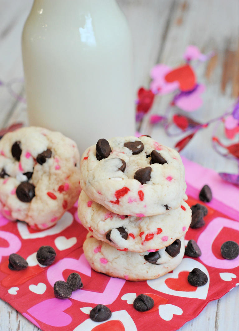 Valentine's Day chocolate chip cake mix cookies