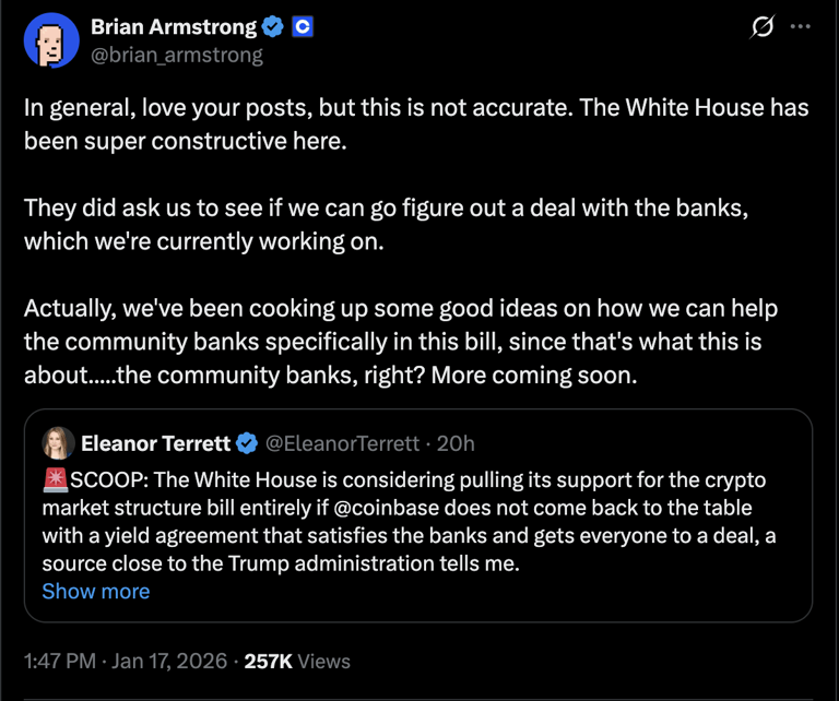 CEO Coinbase nega scontro con Casa Bianca e afferma che le trattative ...