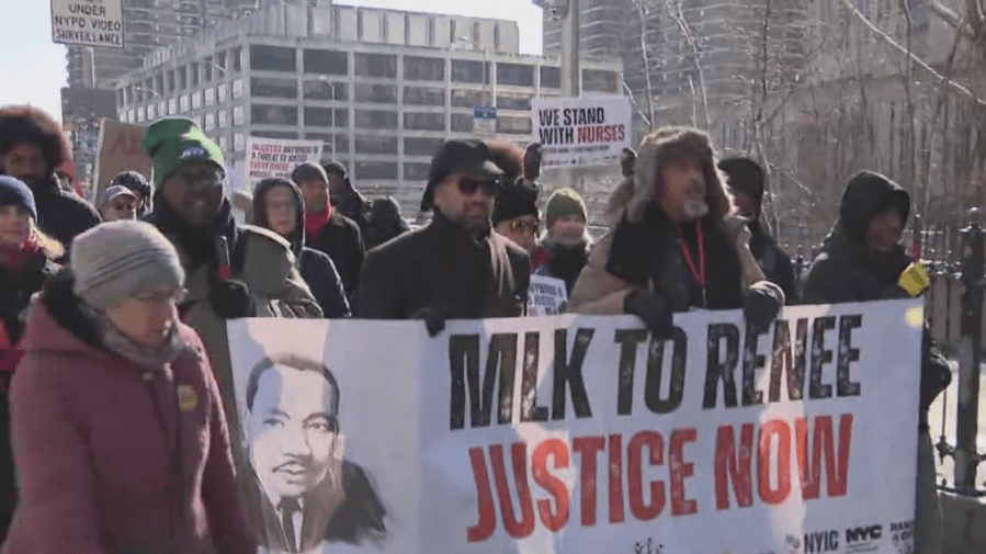 ICE protesters march across Brooklyn Bridge on MLK Day