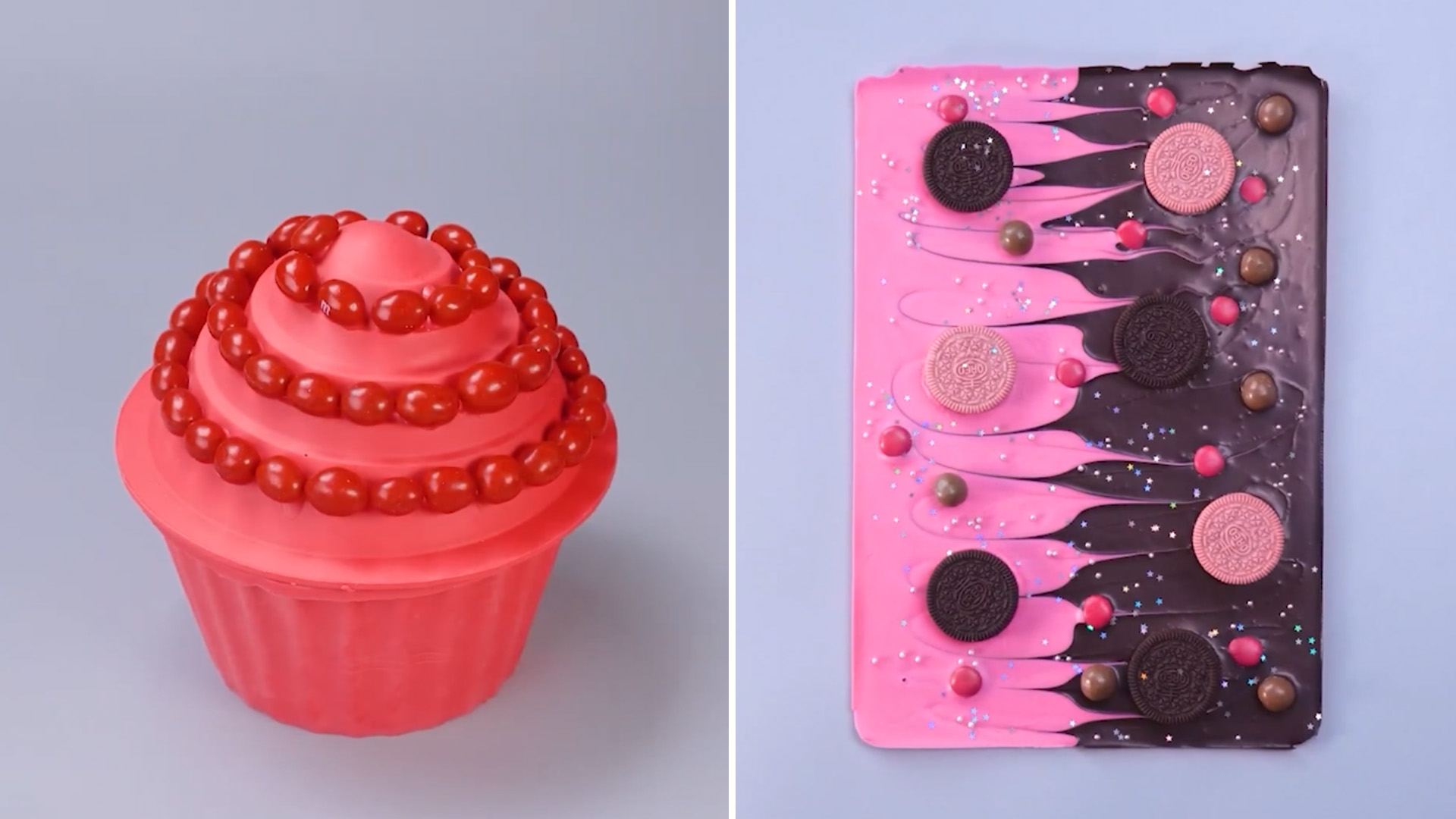 A pink cupcake paired with a decorative chocolate slab