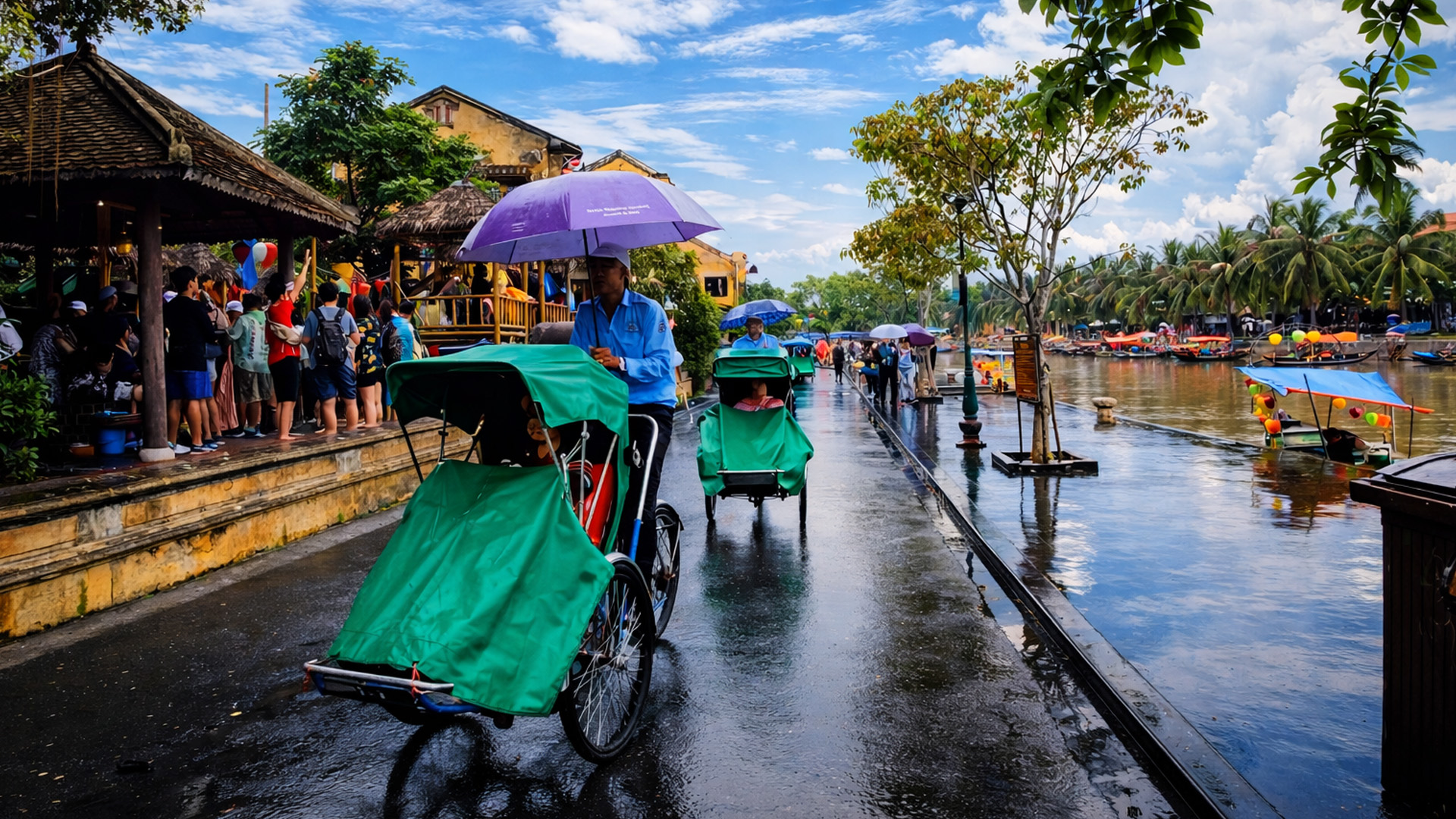 Walking through a lively riverside old town