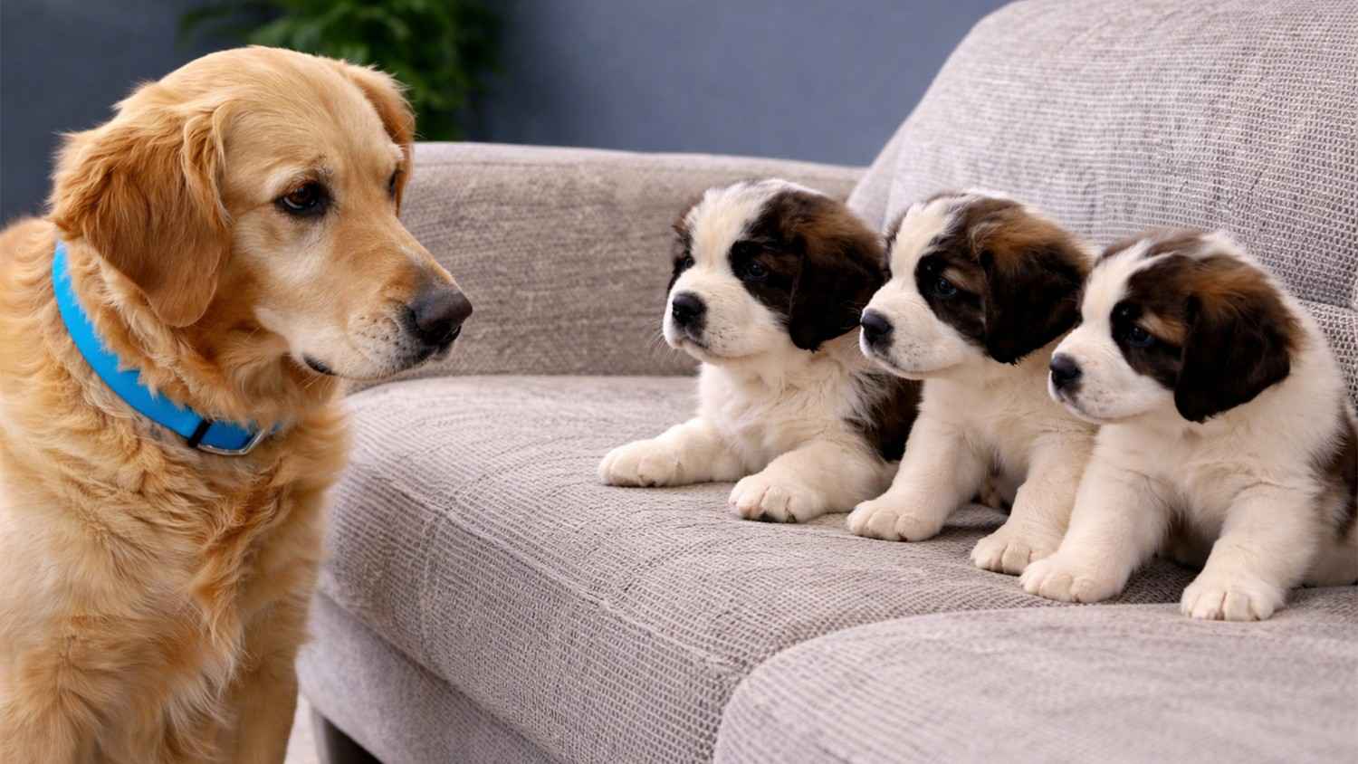 First meeting between golden retriever and tiny puppies