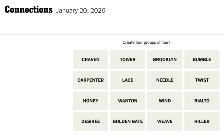 NYT ‘Connections’ hints, clues and answers today, Tuesday, January 20, 2026