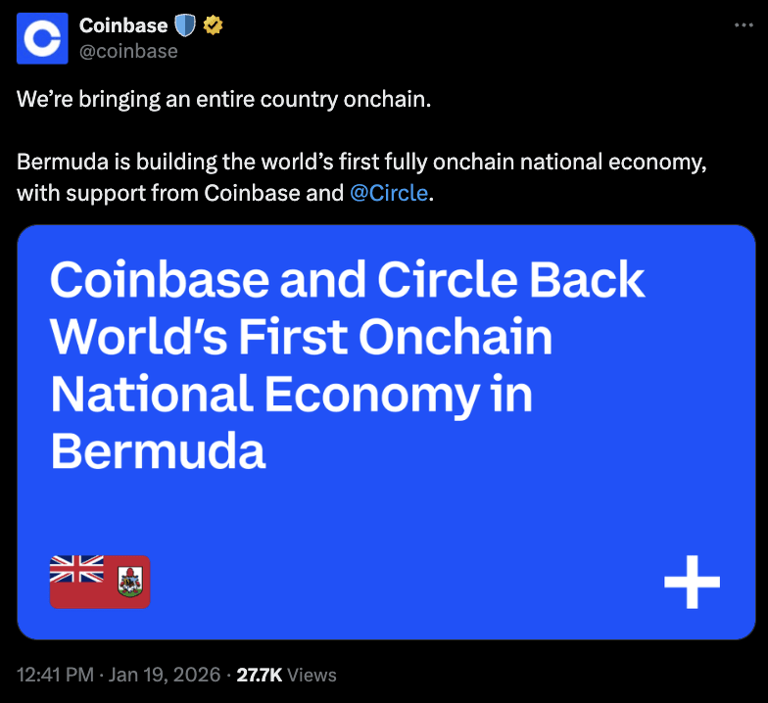 Bermuda partners with Coinbase and Circle for 'fully onchain' economy