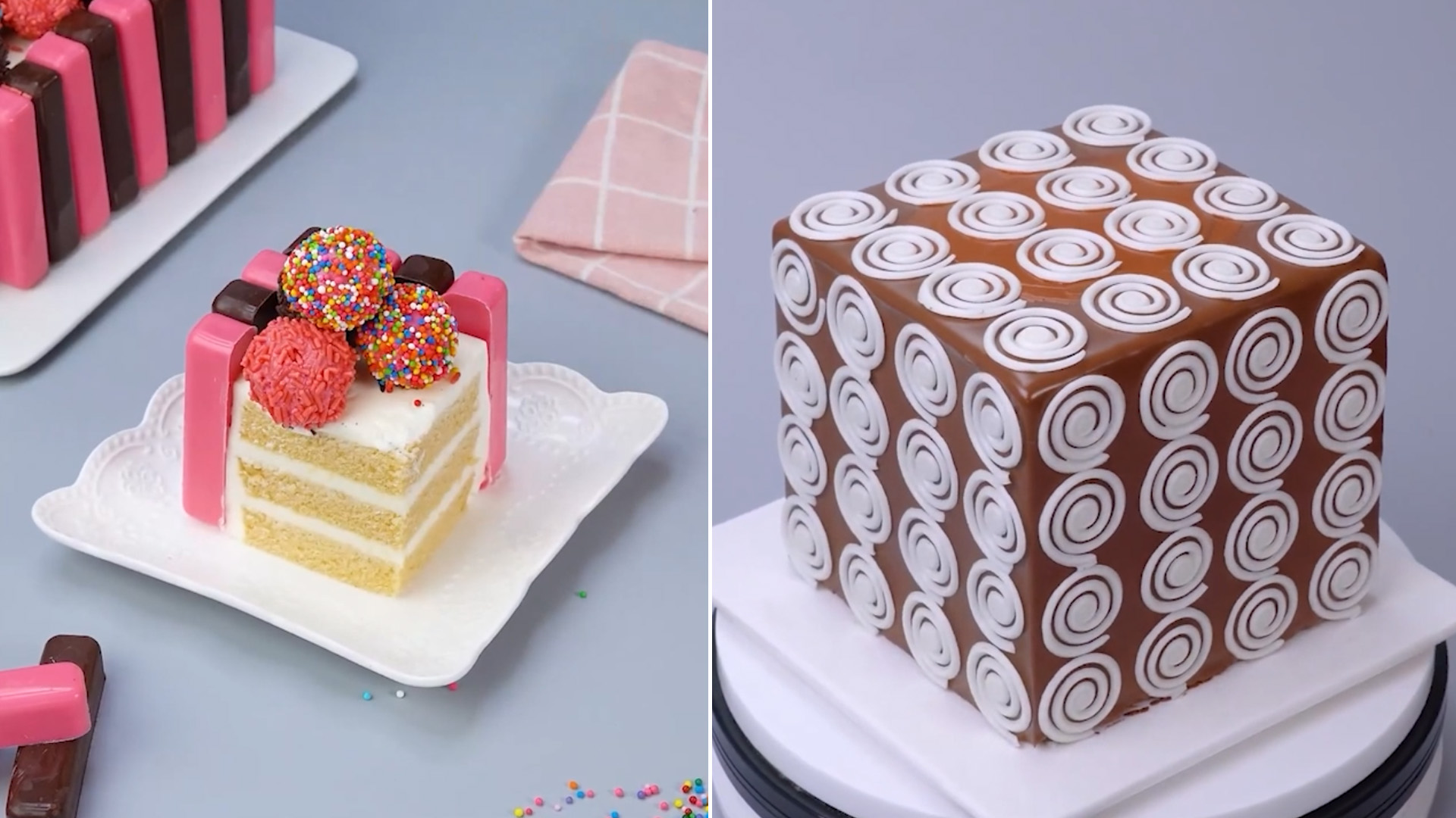 A pink topped cake slice next to a chocolate cube