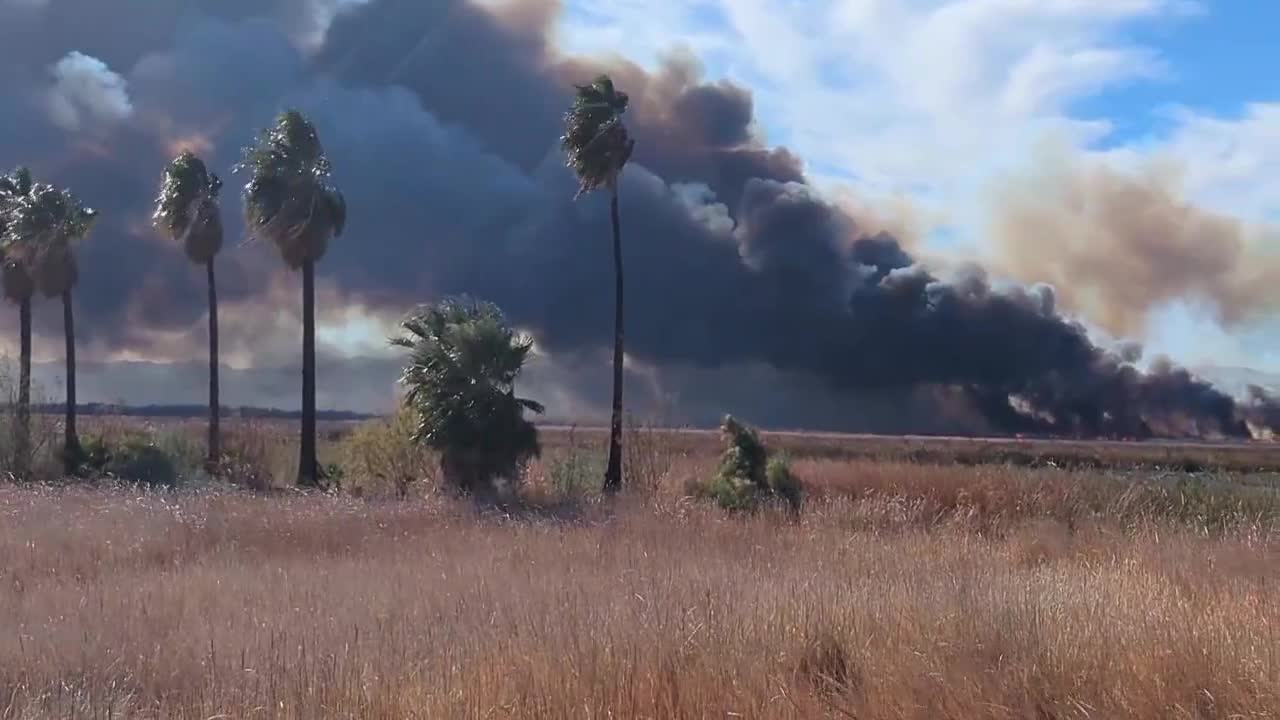Flames and smoke from wetland burn in Topock Marsh, California, USA