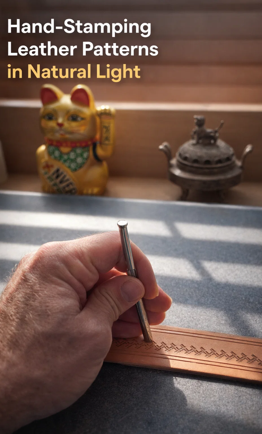 Hand-stamping leather patterns in natural light