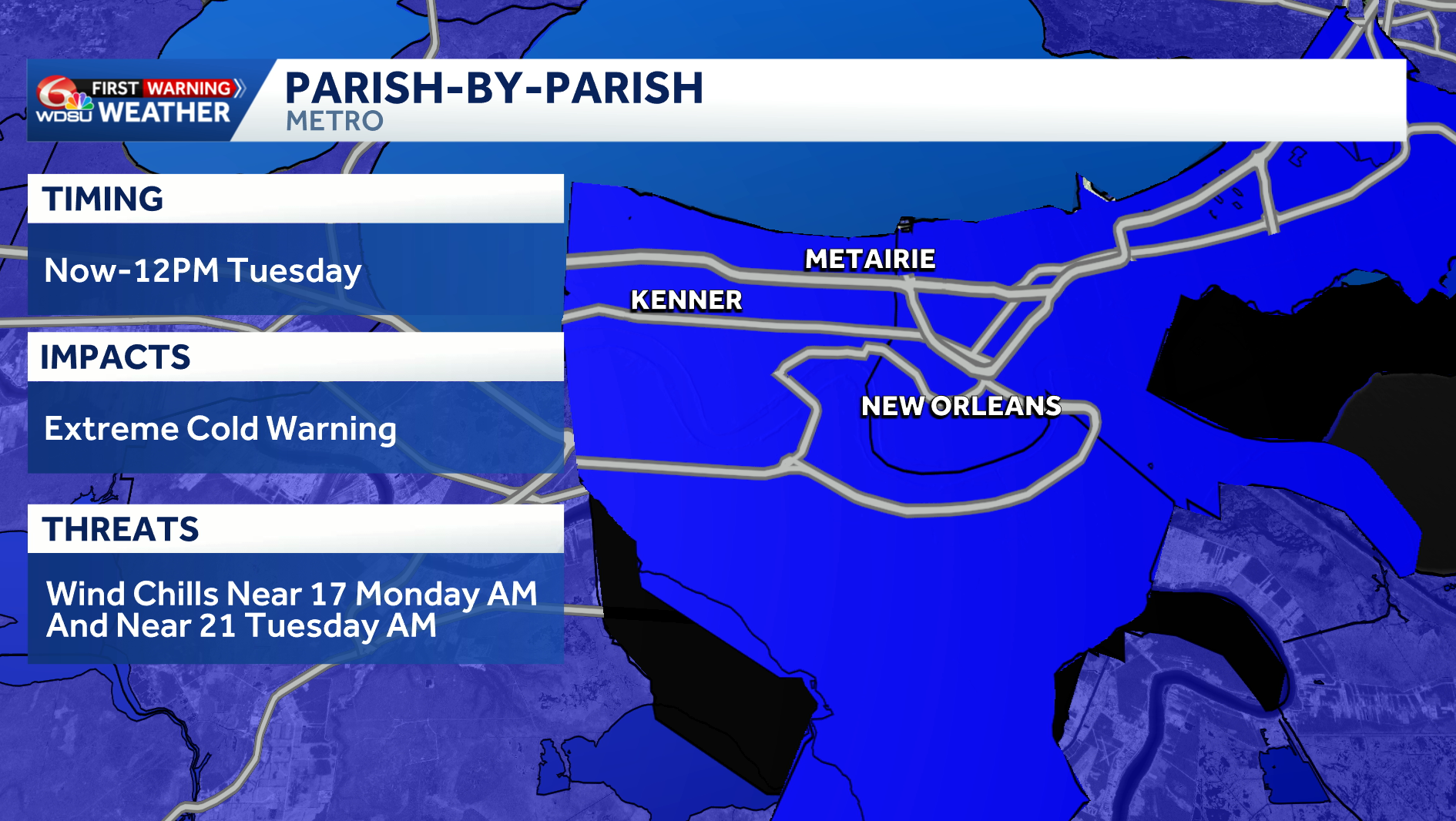 Here's a parish-by-parish breakdown of the cold weather today and Tuesday
