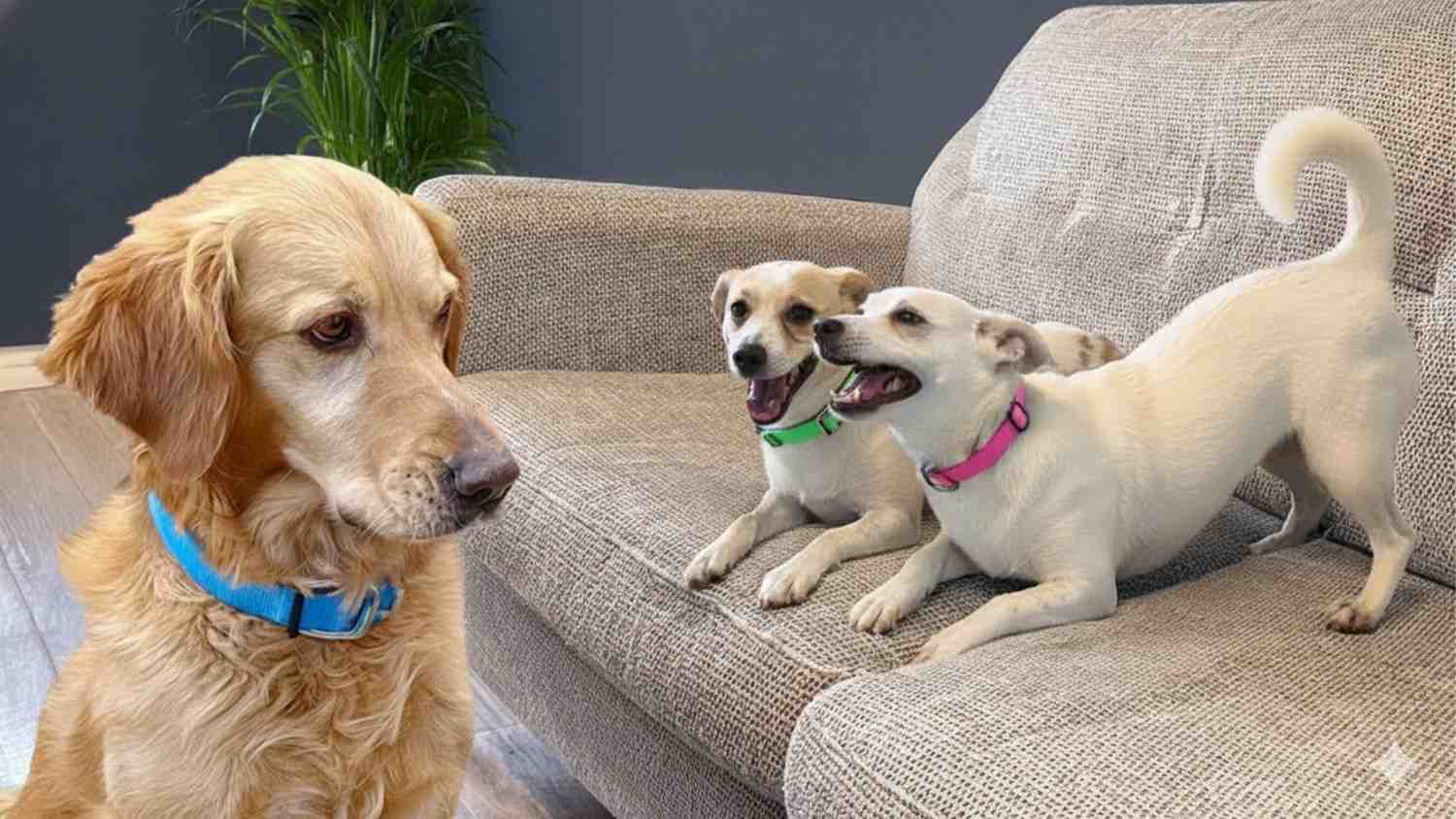 Golden retriever meets two tiny rescue puppies