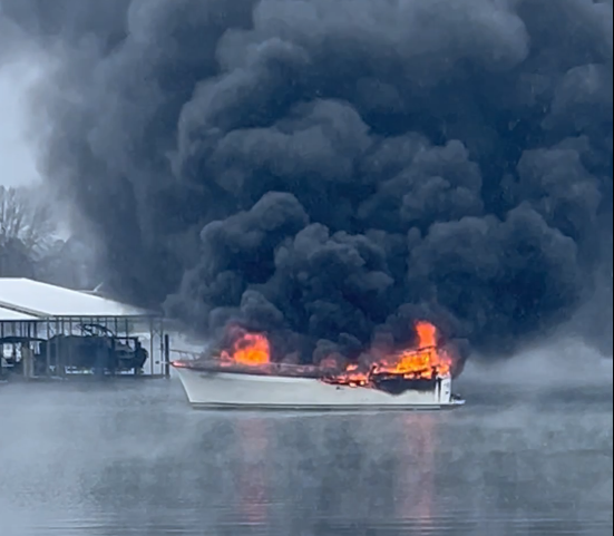 Video: Large cabin cruiser boat erupts in flames in Cornelius