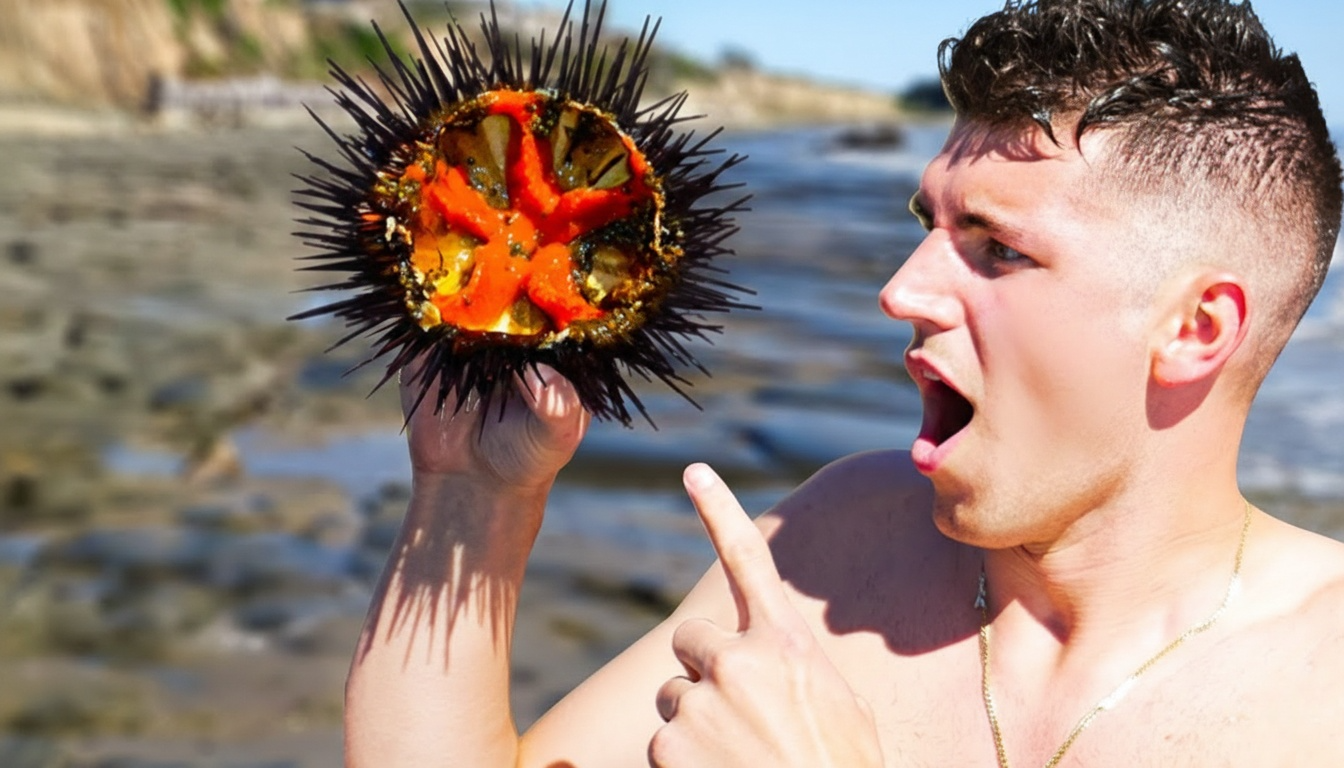 Nick catches a live sea urchin and eats it moments later