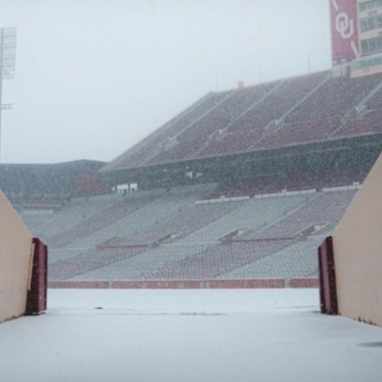 Snow covers Oklahoma Memorial Stadium after major winter storm hits