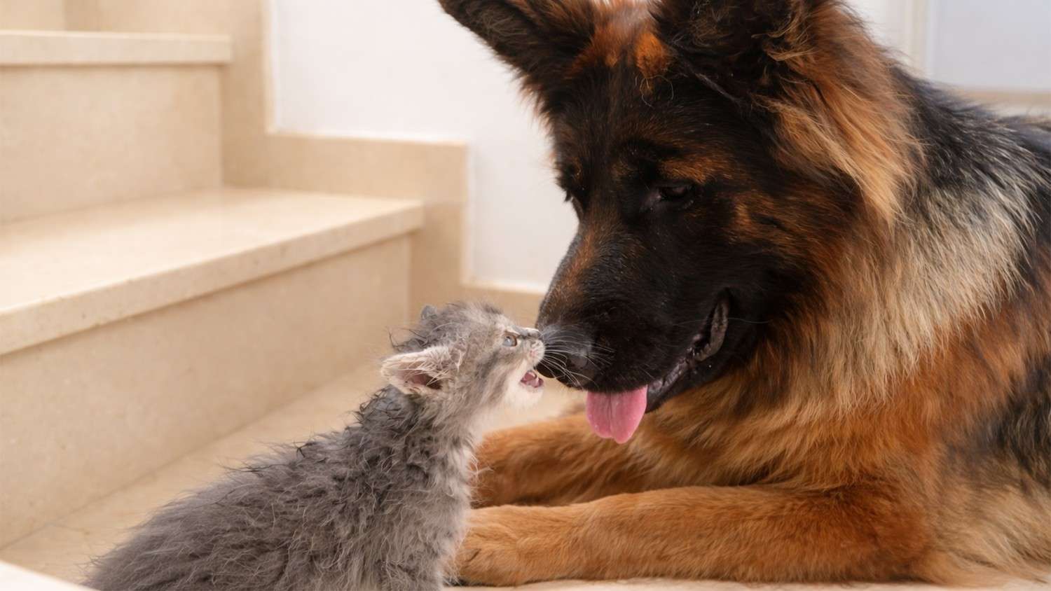 German shepherd attacked by tiny kitten
