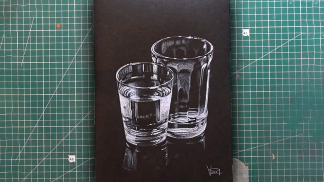 Colored pencil glass illustration on black paper with bright highlights