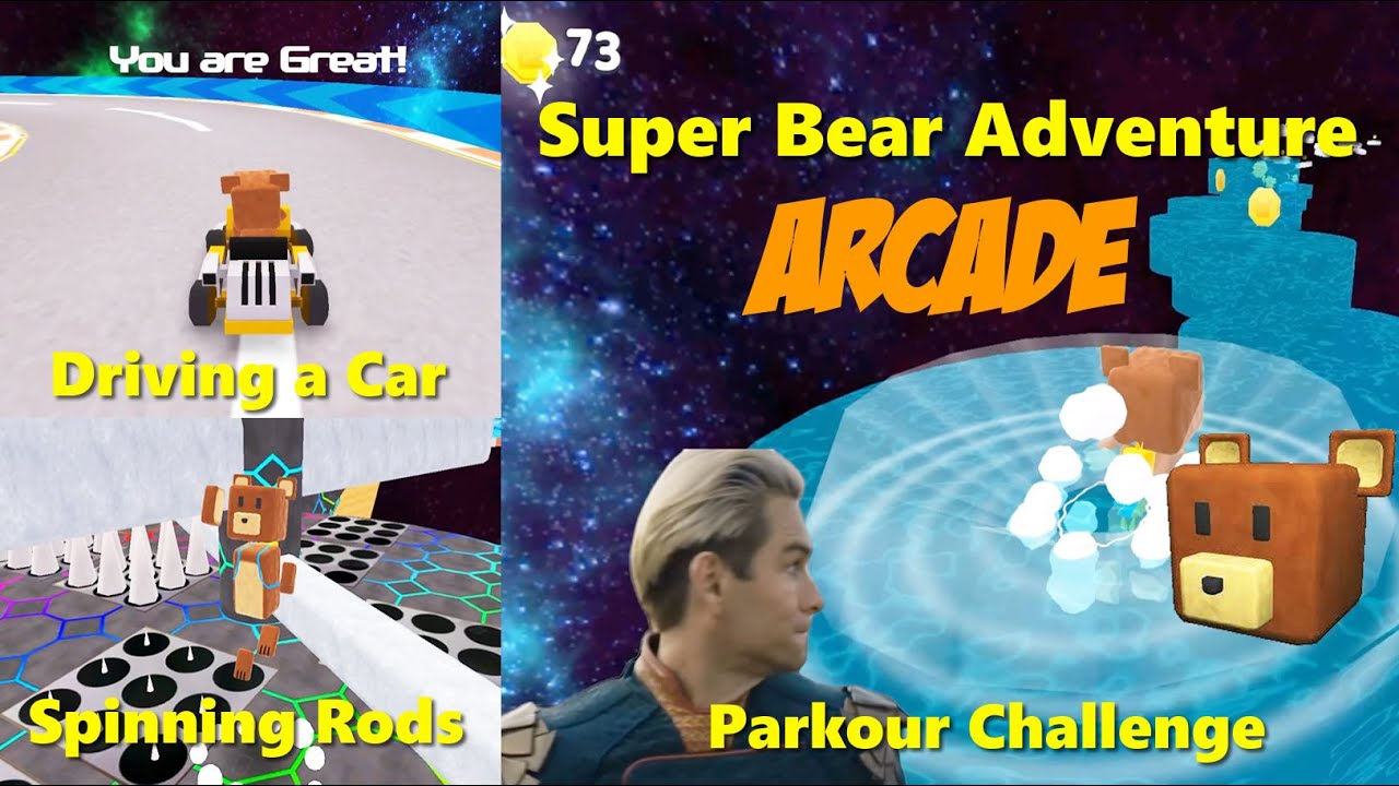 Super Bear Adventure Arcade - Driving a car, spinning rods, parkour ...
