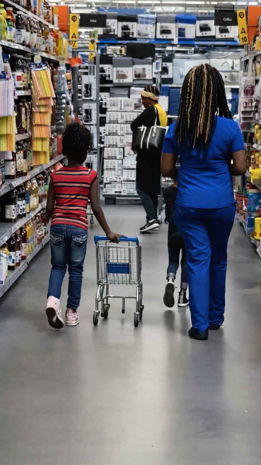 A child and an empty Walmart cart
