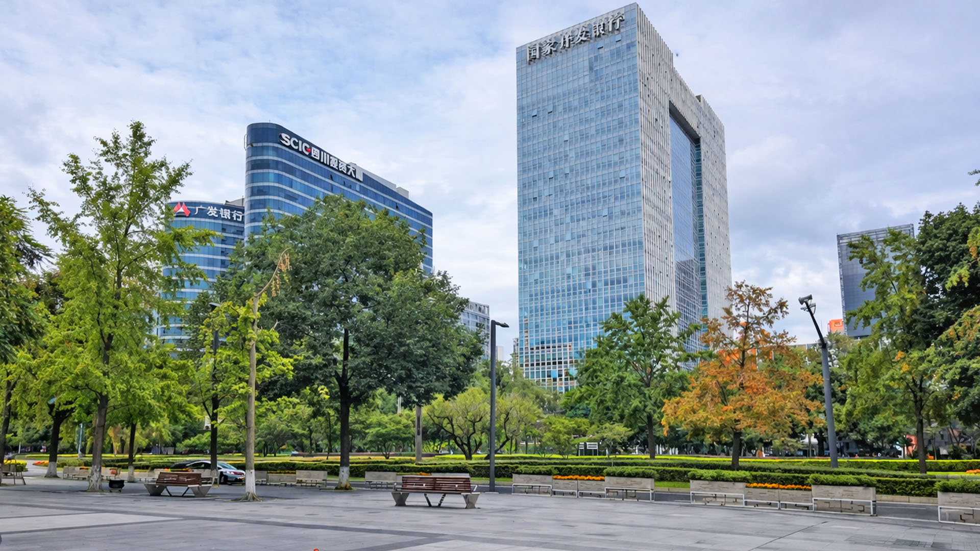 Green lines cut through Chengdu towers