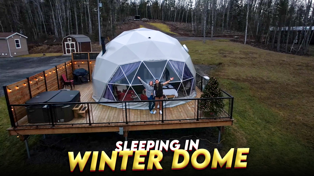 Nova Scotia dome stay tour: Fireplace full kitchen hot tub and loft views