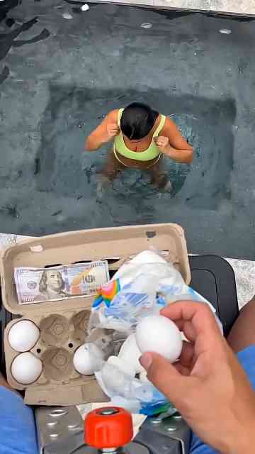 She ends up covered in eggs after this pool challenge