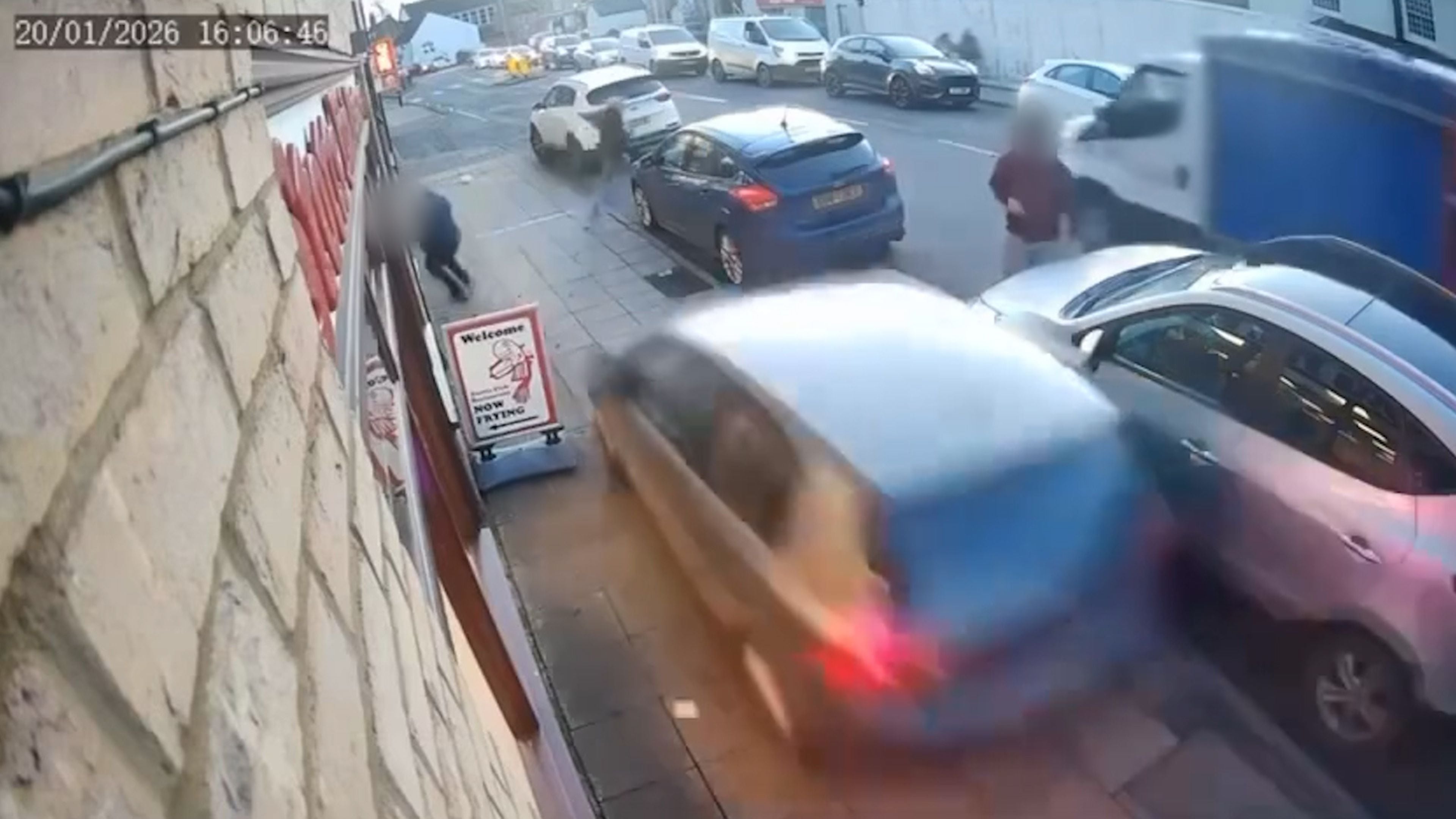 Extremely close call for pedestrians as car mounts pavement during ...