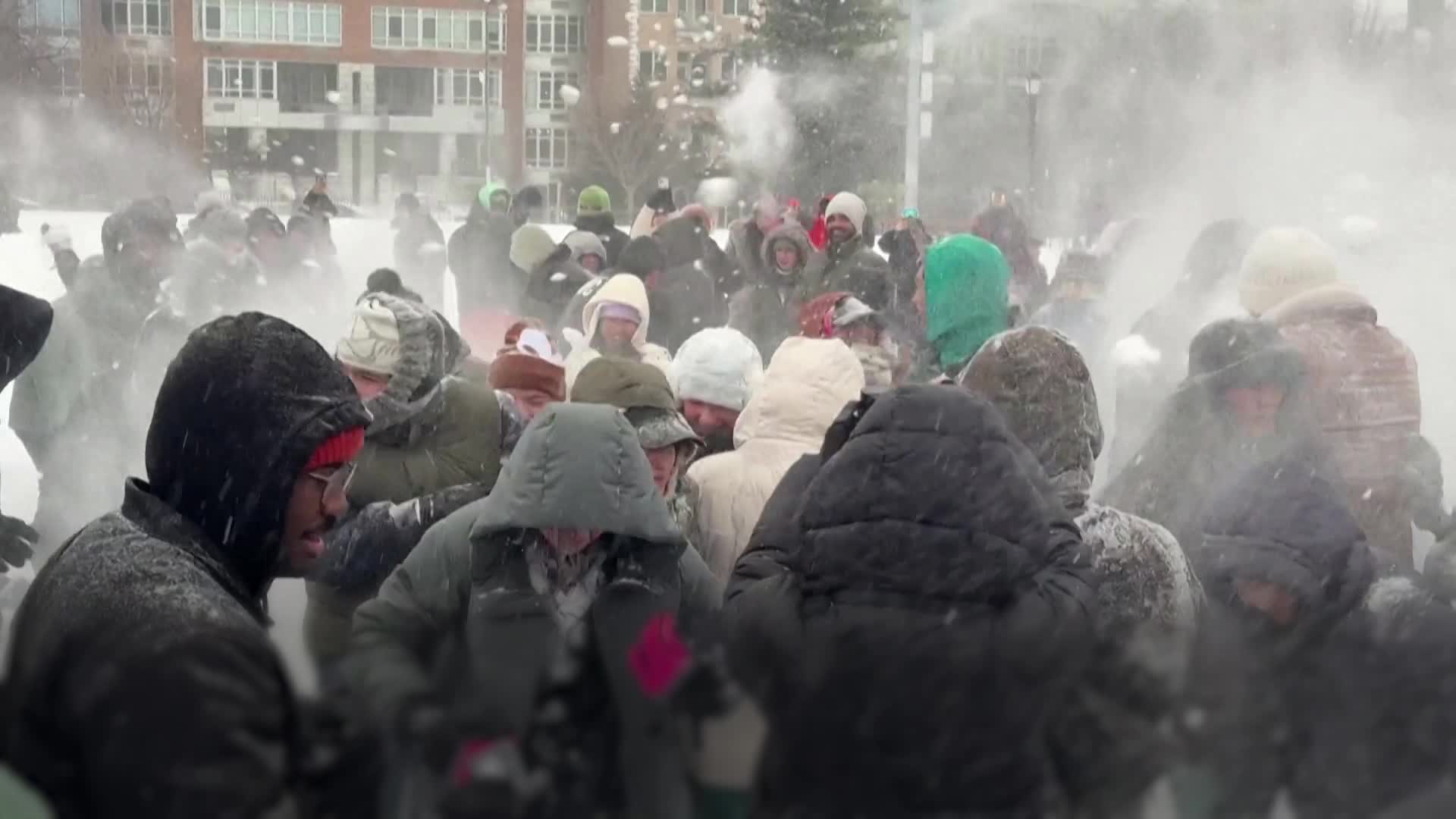 New Yorkers enjoy snowball fight amid major winter storm
