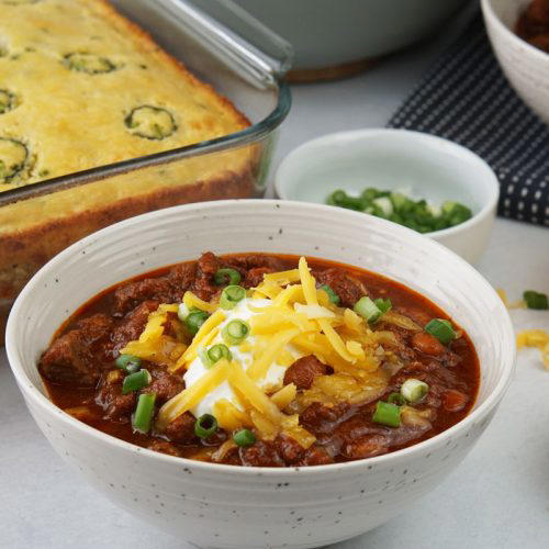 Beef & chorizo chili with jalapeno cornbread