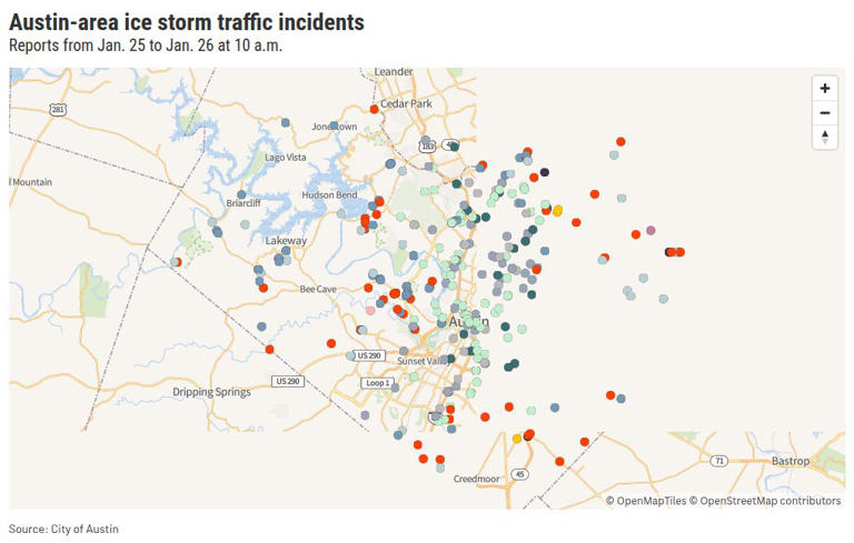 Map: Fewer Austin traffic incidents in 2026 than past ice storms