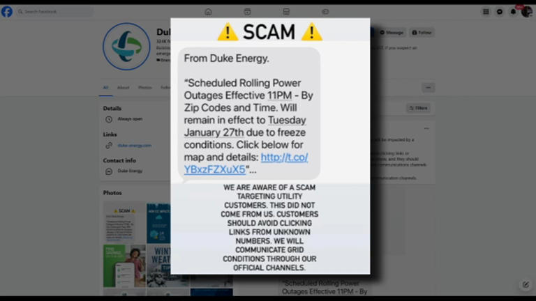 Duke Energy warns of scam text about fake power outages