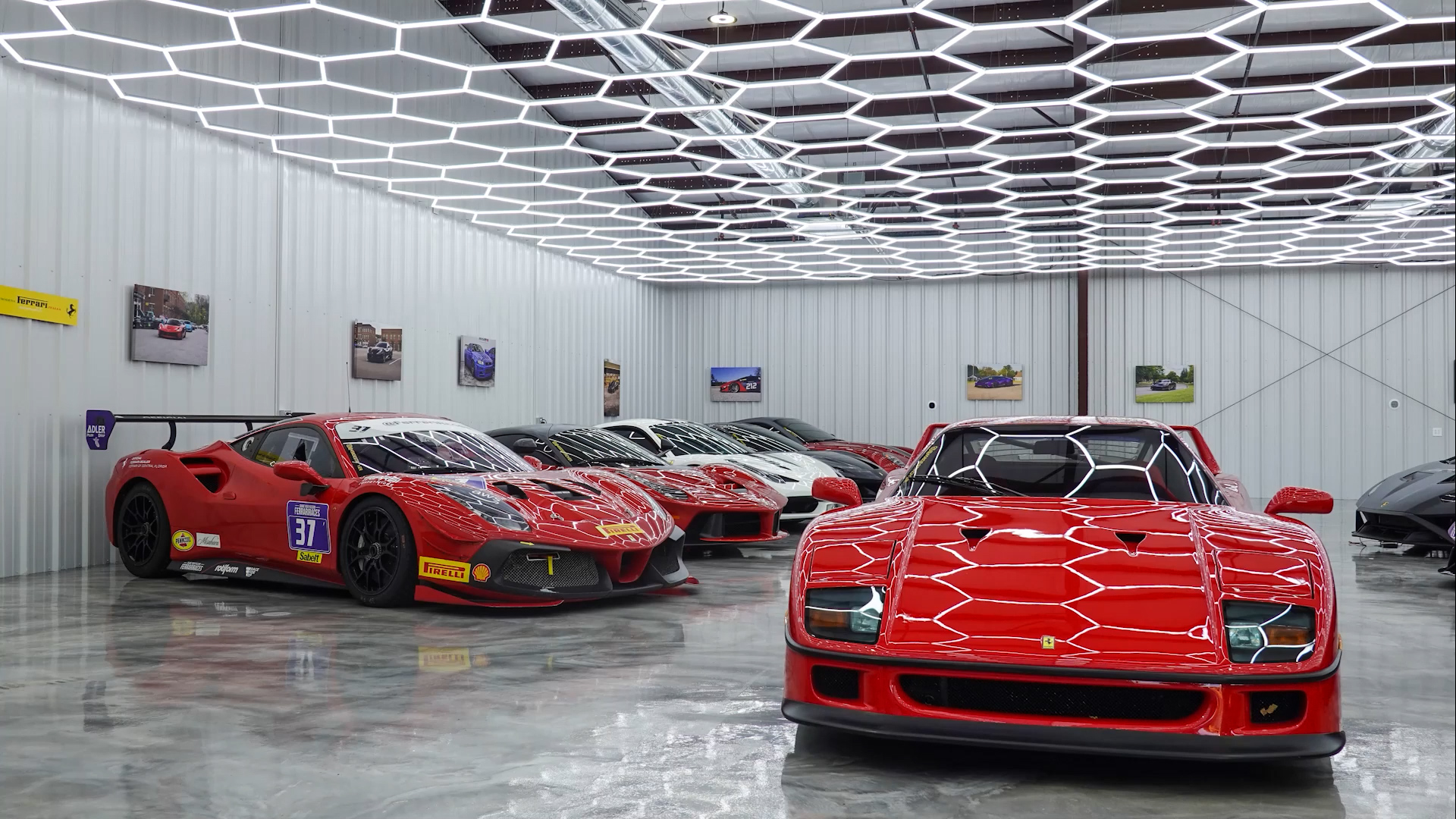 Ferrari collection showcase in luxury garage