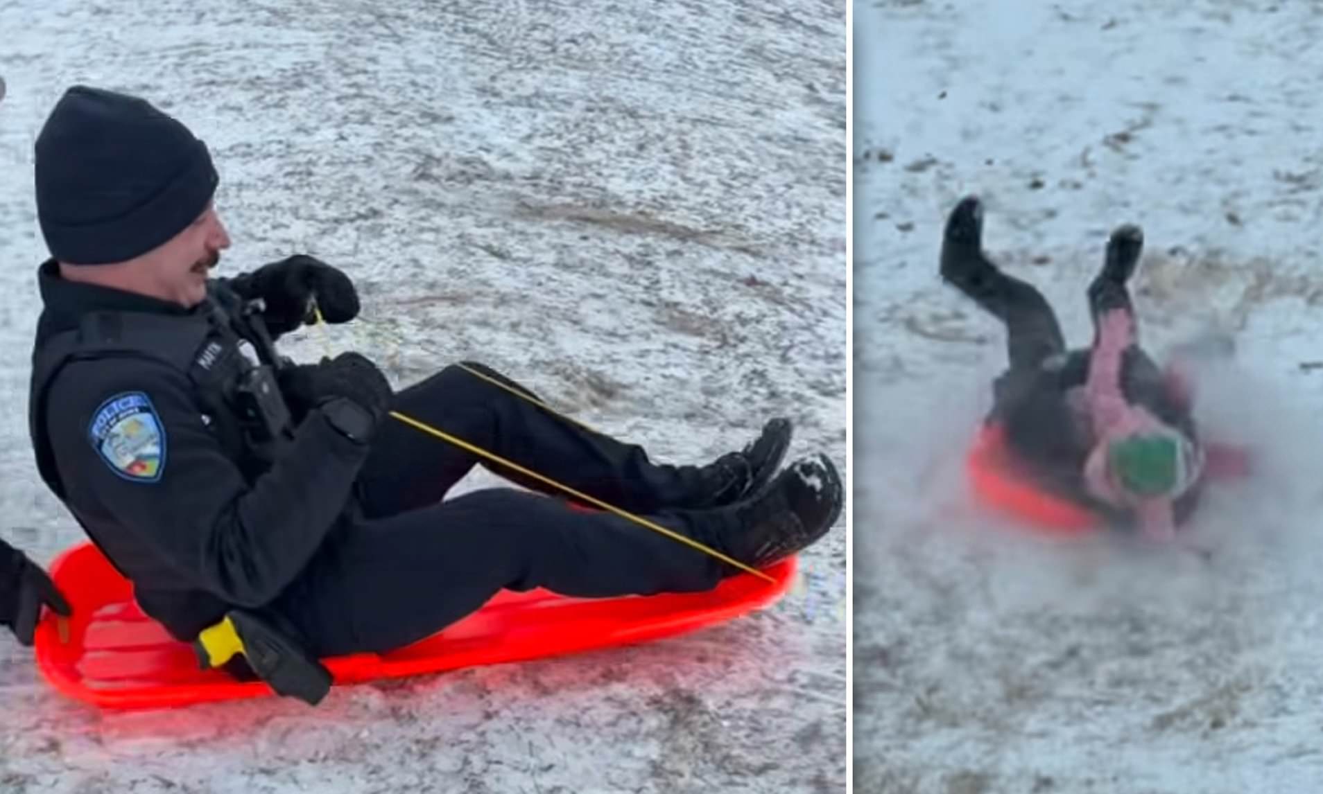 Moment cop crashes into young child during sledding day out