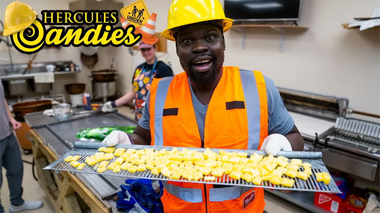 A construction worker tries making candy for the first time