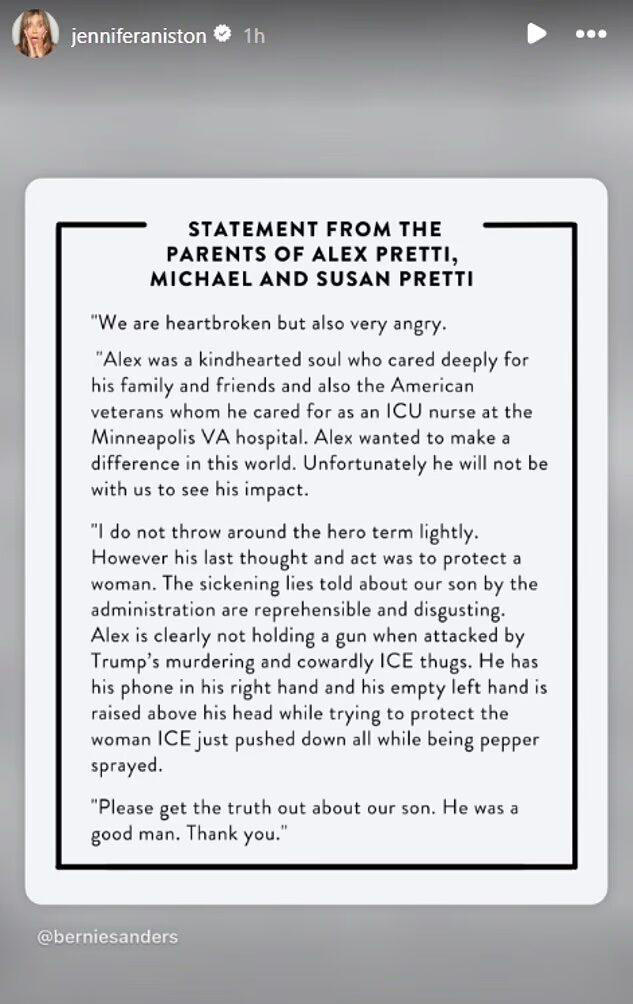 Jennifer Aniston goes political after ICU nurse Alex Pretti is killed ...