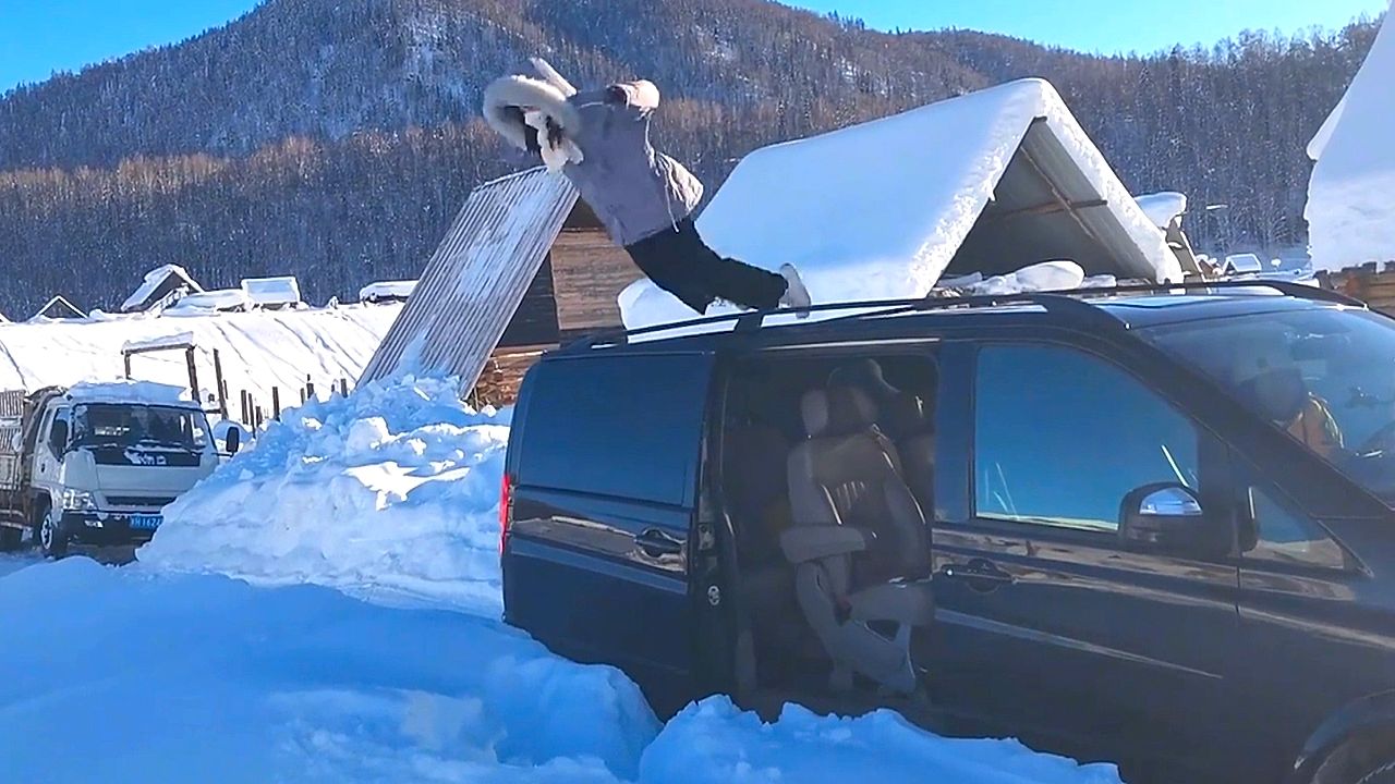 Girl winds up for big jump into deep snow, fails