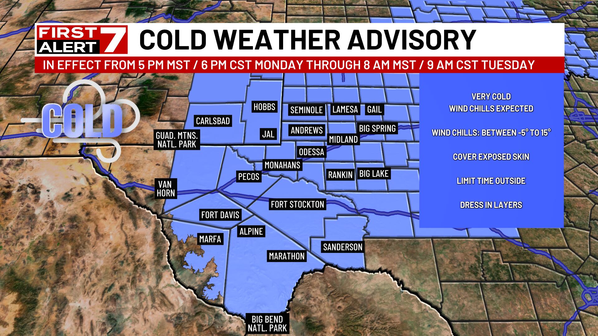 First alert: Cold weather advisory in effect from 5 PM MST / 6 PM CST ...